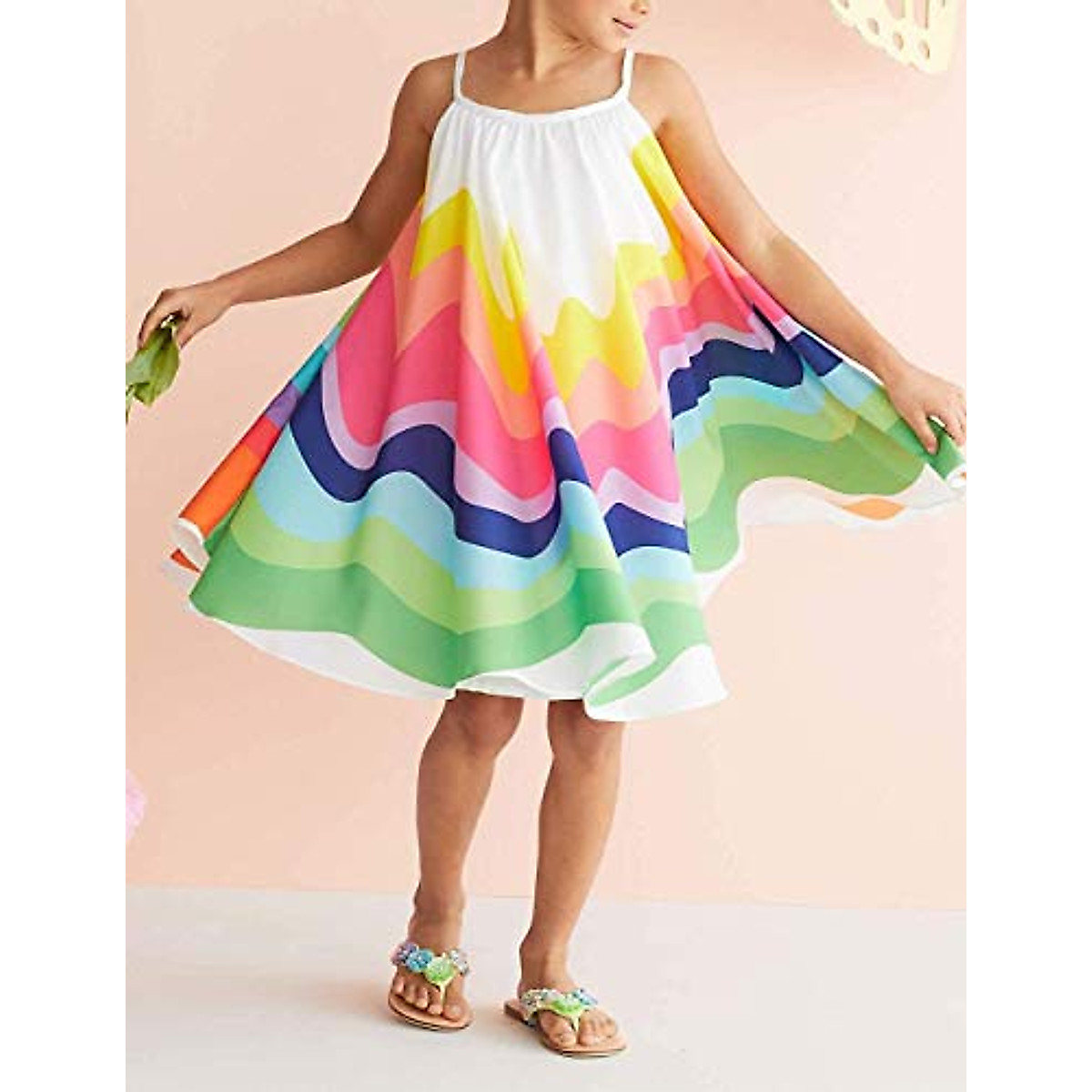 Toddler Baby Girl Summer Boho Rainbow Stripe Spaghetti Strap Beach Sun Dress (Rainbow, 5-6T)