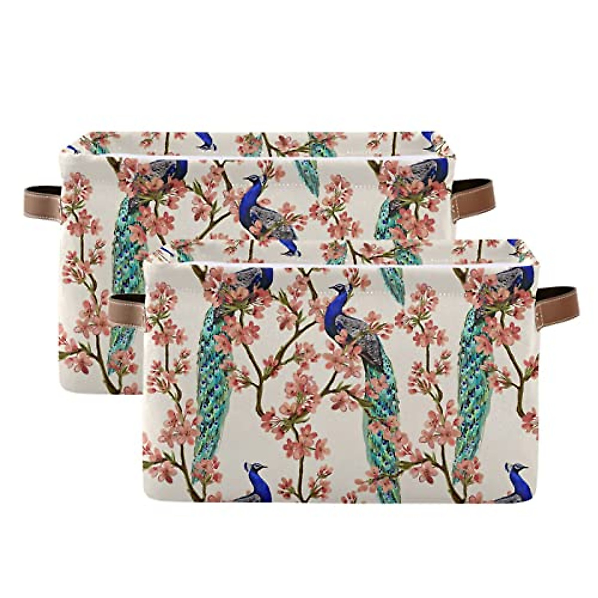 ALAZA Peacock Tropical Cherry Blossom Flower Large Storage Basket with Handles Foldable Decorative 1 Pack Storage Bin Box for Organizing Living Room Shelves Office Closet Clothes