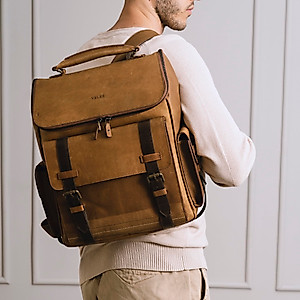 VELEZ Top Grain Leather Backpack for Men - 15 Inch Laptop Bag - Brown Designer Bookbag - Archaeology Vintage Travel Rucksack - Casual Daypack for Women