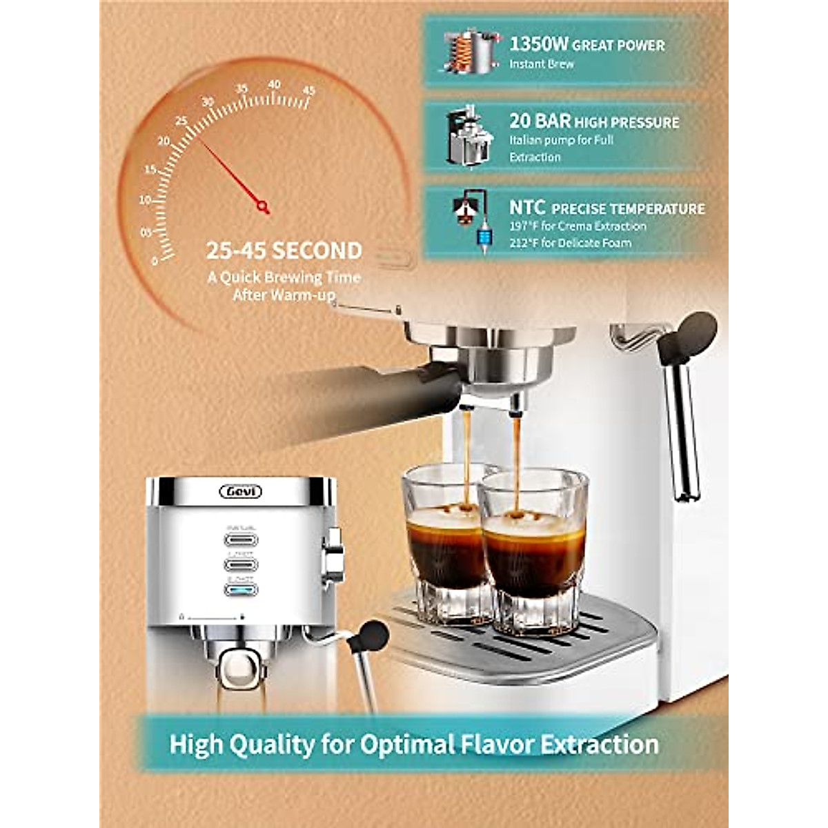 Gevi 20 Bar High Pressure Espresso Machines, Expresso Coffee Machine with Milk Frother for Espresso, Latte Macchiato, Cuppuccino,1.2L Water Tank, 1350W