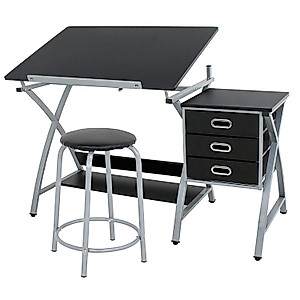 BBBuy Drafting Table Drawing Desk Art Craft Adjustable Tabletop Craft Table w/ 3 Slide Drawers and Stool Set Art Design Workstation for Writing, Painting, Sketching for Home Office, Black