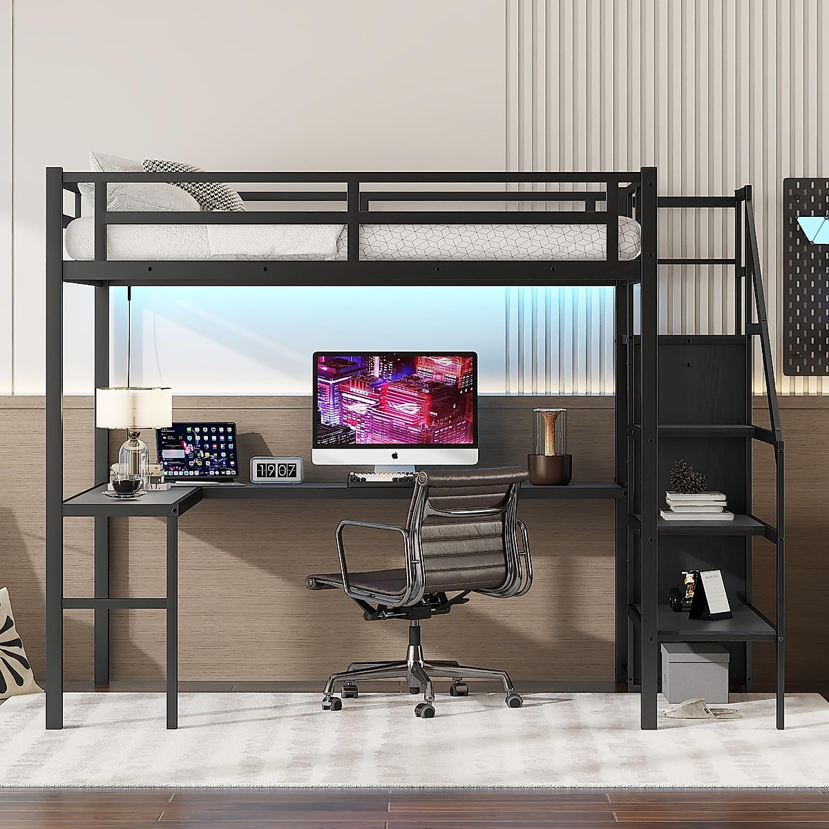 Linique Full Size Gaming Loft Bed with L-Shaped Desk, LED and Charging Station, Metal Loft Bed with Wardrobe and Adjustable Shelf for Kids Teens Adults, Black