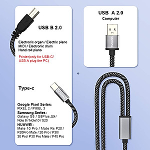 MOSWAG 2in1 USB Printer Cable 3.28FT/1M with USB C to MIDI Cable Printer Cable,USB MIDI Cable USB C to USB B MIDI Cable,Cable,Compatible with Music Instrument,Piano,Midi Keyboard,USB Microphone
