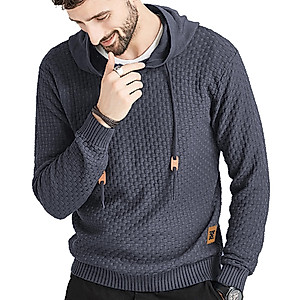 Zaitun Men's Drawstring Waffle Textured Hooded Pullover Sweater