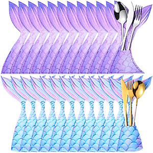 Yaomiao 24 Pack Mermaid Utensil Cutlery Holders Mermaid Tail Shape Pouch Bags Felt Silverware Holder Bag Silverware Organizer Utensil Sleeve for Knife Forks for Mermaid Birthday Party Supplies