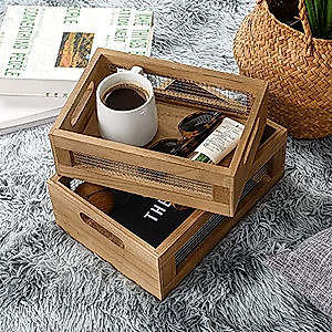 Set of 2 Nesting Countertop Baskets - Wooden Organizer Crates for Kitchen, Bathroom, Pantry | For Fruit, Vegetables, Produce, Bread and General Storage Space | Decorative Rustic Wood and Metal Wire