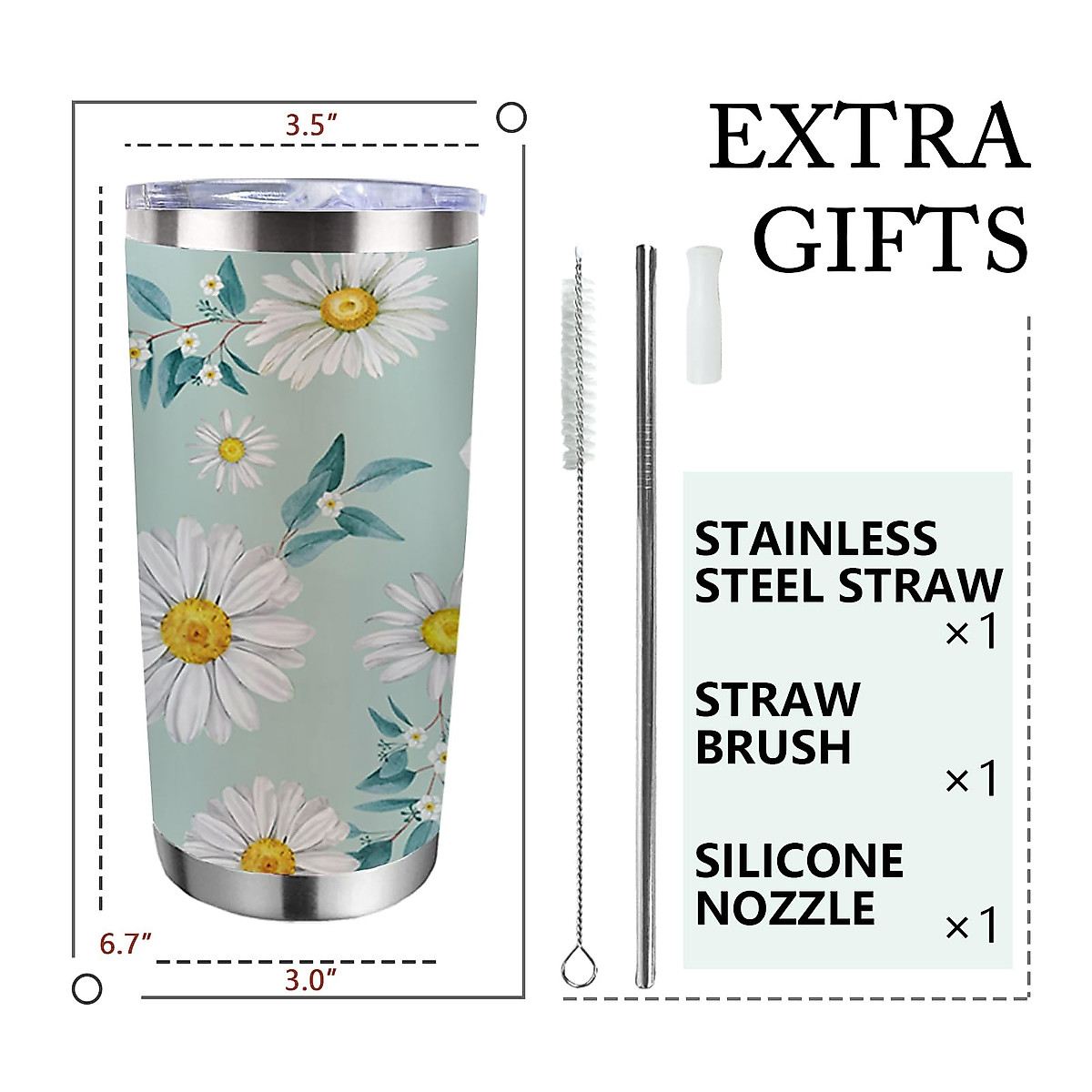 Zzkol Daisy Flowers Tumbler with Lid and Straw, Floral Stainless Steel Travel Coffee Cup, Birthday Mug Gifts for Women Daisy Lovers, 20oz Double Wall Vacuum Insulated Tumbler