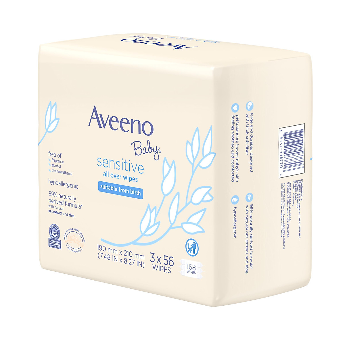Aveeno Baby Sensitive All Over Wipes with Aloe & Natural Oat Extract for Face, Bottom & Hands, pH-Balanced, Hypoallergenic, Fragrance-, Phthalate-, Alcohol- & Paraben-Free, 3 Pks of 56 ct