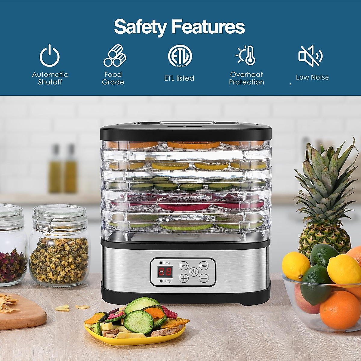 OSTBA Food Dehydrator Machine Adjustable Temperature & 72H Timer, 5-Tray Dehydrators for Food and Jerky, Fruit, Dog Treats, Herbs, Snacks, LED Display, 240W Electric Food Dryer, Recipe Book