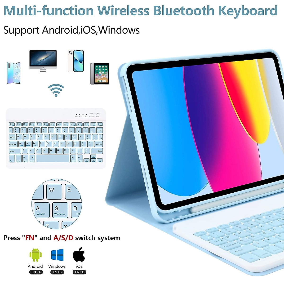 BAMCOO for iPad 10th Generation Case with Keyboard 10.9 2022, Keyboard Case for iPad with Detachable Wireless Keyboard, Rechargeable Keyboard Case with Pencil Holder for iPad 10th (Blue)