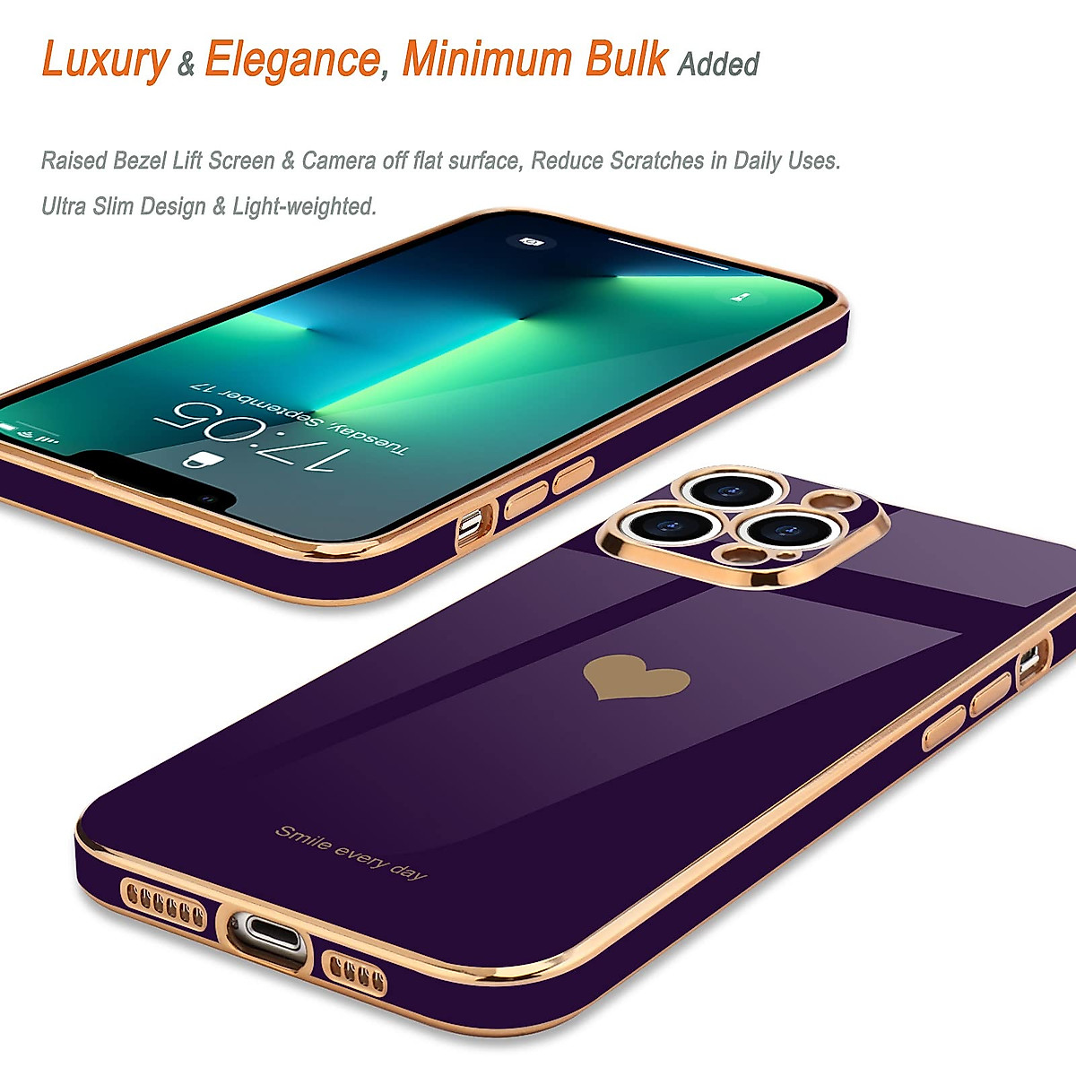 Teageo Compatible with iPhone 13 Pro Max Case for Girl Women Cute Love-Heart Luxury Bling Soft Cover Raised Camera Protection Bumper Silicone Shockproof Phone Case for iPhone 13 Pro Max, Dark Purple