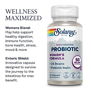 SOLARAY Mycrobiome Probiotic Women’s Formula, 24 Strains Plus Prebiotic Inulin, Specially Formulated for Women, Digestion, Mood & Urinary Tract Support, 50 Billion CFU, 30 Servings, 30 VegCaps