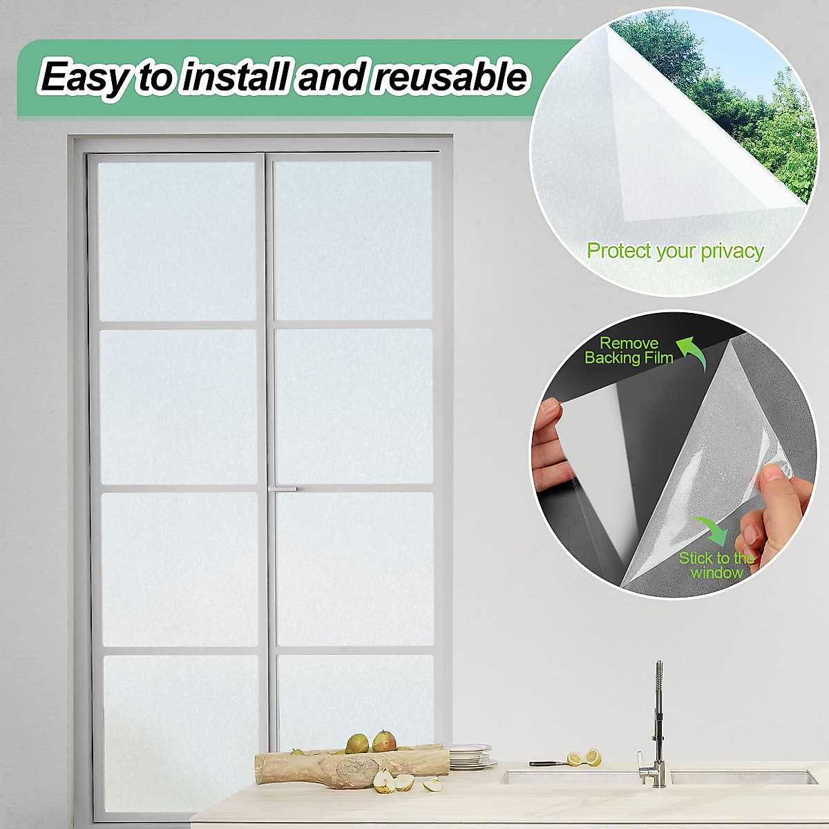 vivinin Frosted Glass Window Film,17.3x118.1 Inches Privacy Film Anti Uv, Frosted Window Privacy Film Non Adhesive, Window Film Privacy for Bathroom Home and Office