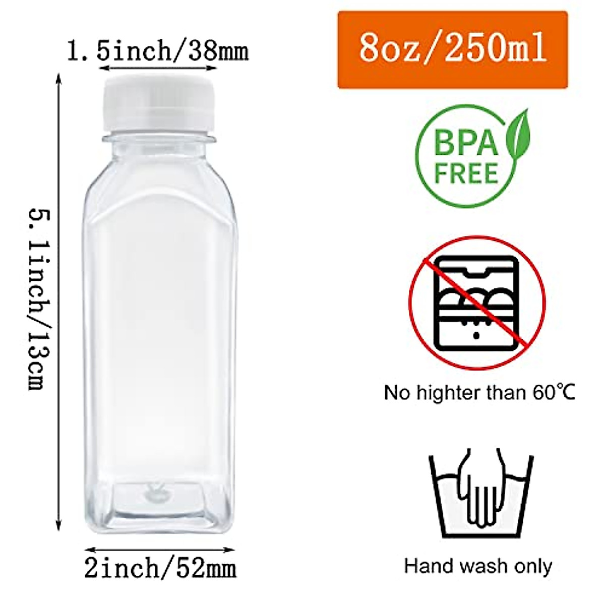 8 Pcs 8 Ounce Plastic Juice Bottles, Reusable Bulk Beverage Containers for Juice, Milk and Other Beverages, White lid