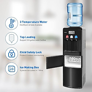 3 in 1 Water Dispenser with Built-in Ice Maker, Top Loading Water Cooler Dispenser for 3-5 Gallon Bottle with a Scoop, 3 Temps, Child Safety Lock, ETL Listed, Black