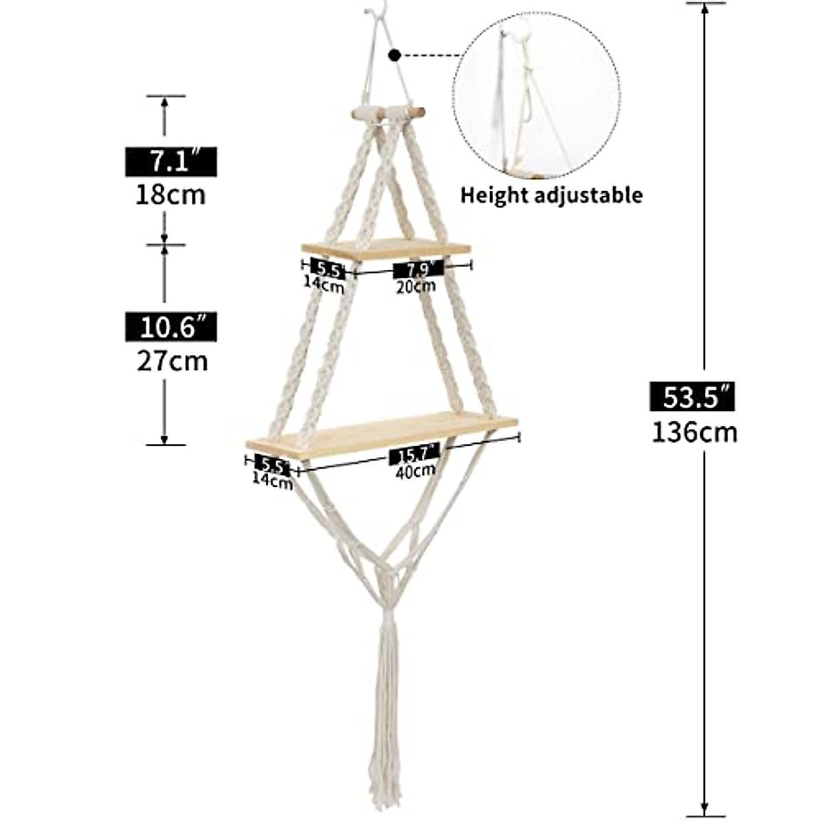 Afuly Macrame Hanging Shelves 2 Tiers Floating Shelf Natural Wood Wall Shelves Chic Boho Decor, Pine Wood Cotton Rope Bohemian Floating Plants Storage for Bedroom Bathroom Living Room, Beige