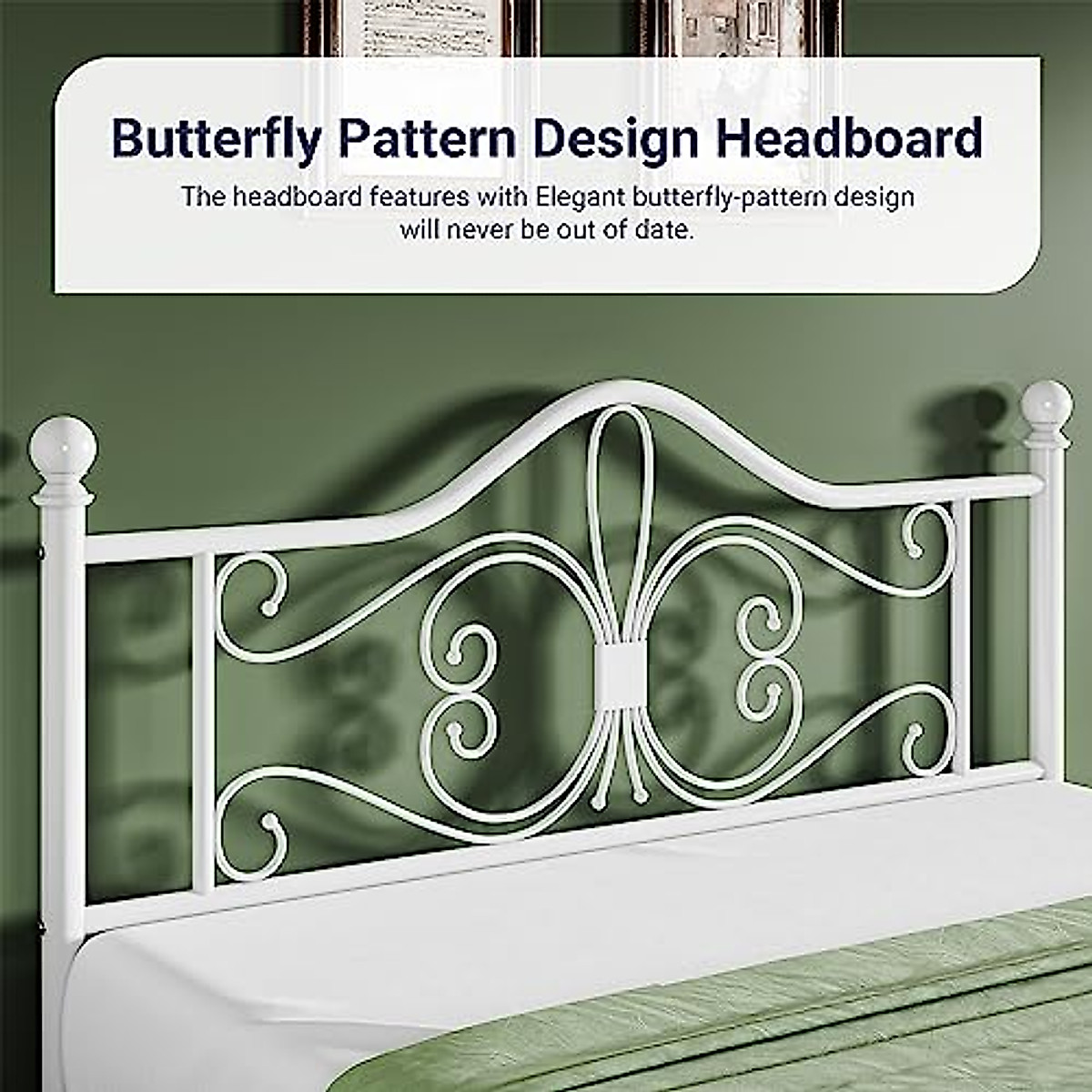 Allewie Queen Size Bed Frame with Headboard,Metal Bed Frame with Butterfly Pattern Design Headboard & Footboard,No Box Spring Needed,Easy Assembly,White