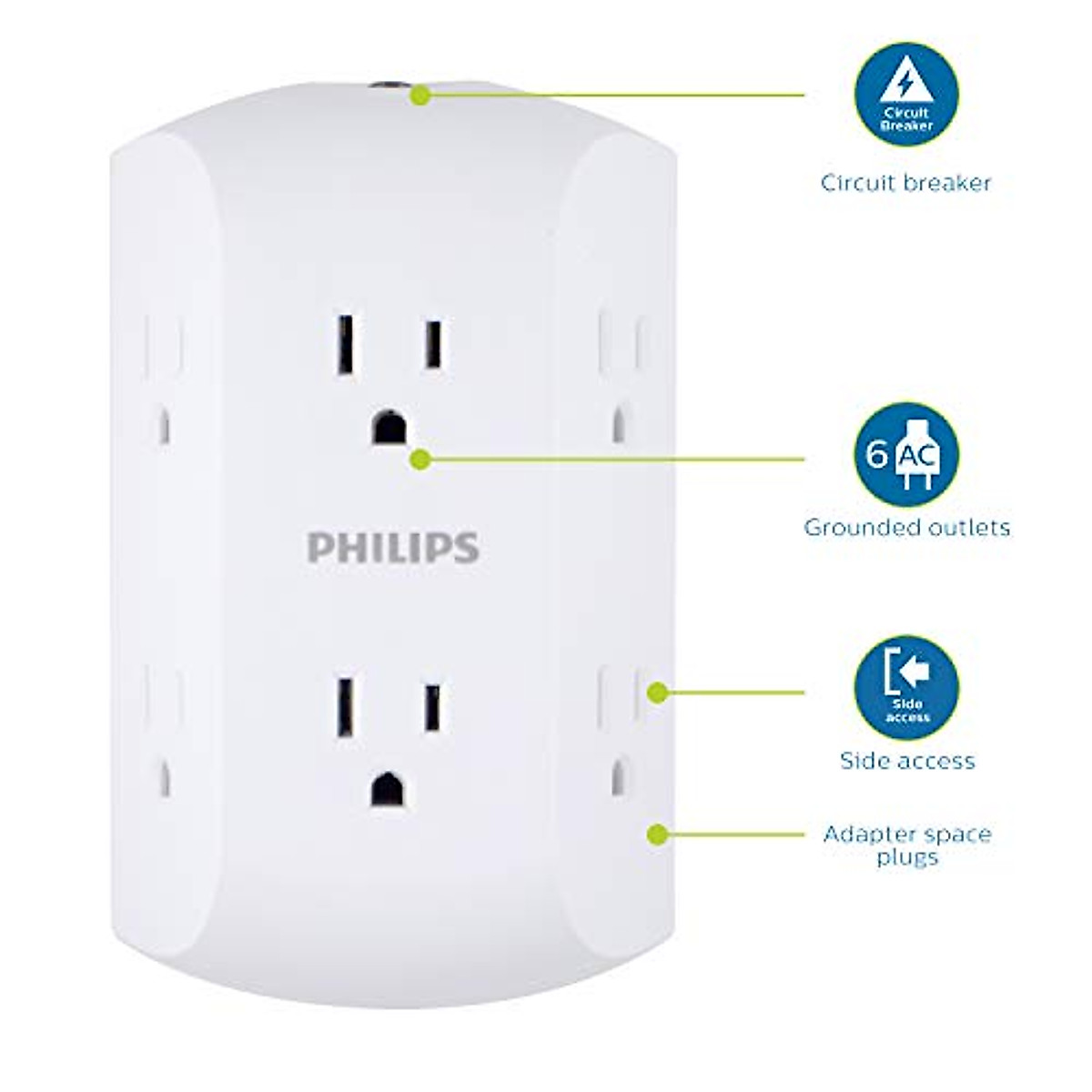 Philips 6-Outlet Extender, 2 Pack, Resettable Circuit Breaker, Adapter Spaced Outlets, 3-Prong, Charging Station, Side Access, Grounded Wall Tap, Perfect for Cell Phone Charging, White, SPS1462WA/37