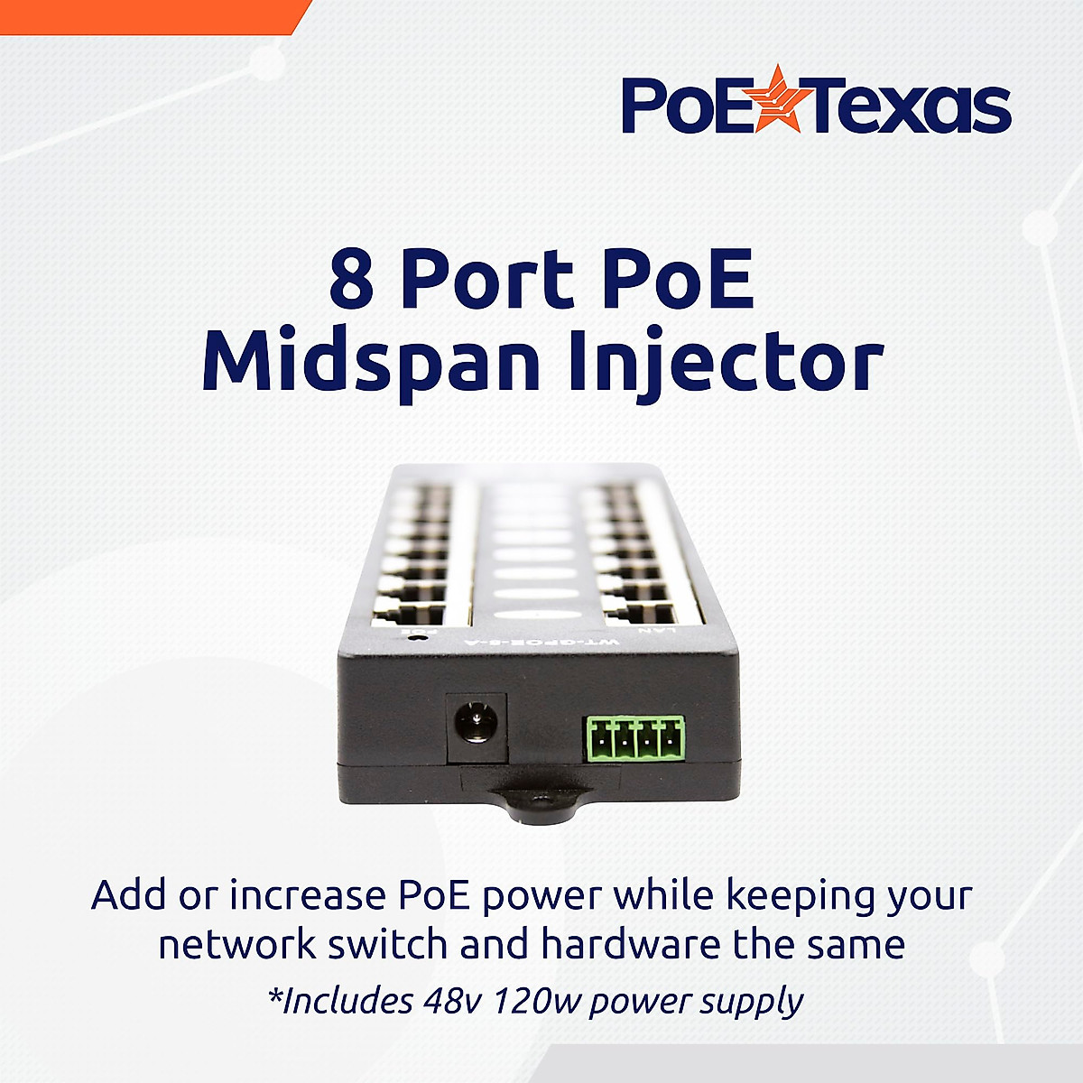 PoE Texas 8 Port PoE Injector - Gigabit Passive Power Over Ethernet Midspan - Front Wall Mount for Security Cameras, IP Phones, WiFi APs - Works with Non-PoE Switch, Includes 48v 120w Power Supply