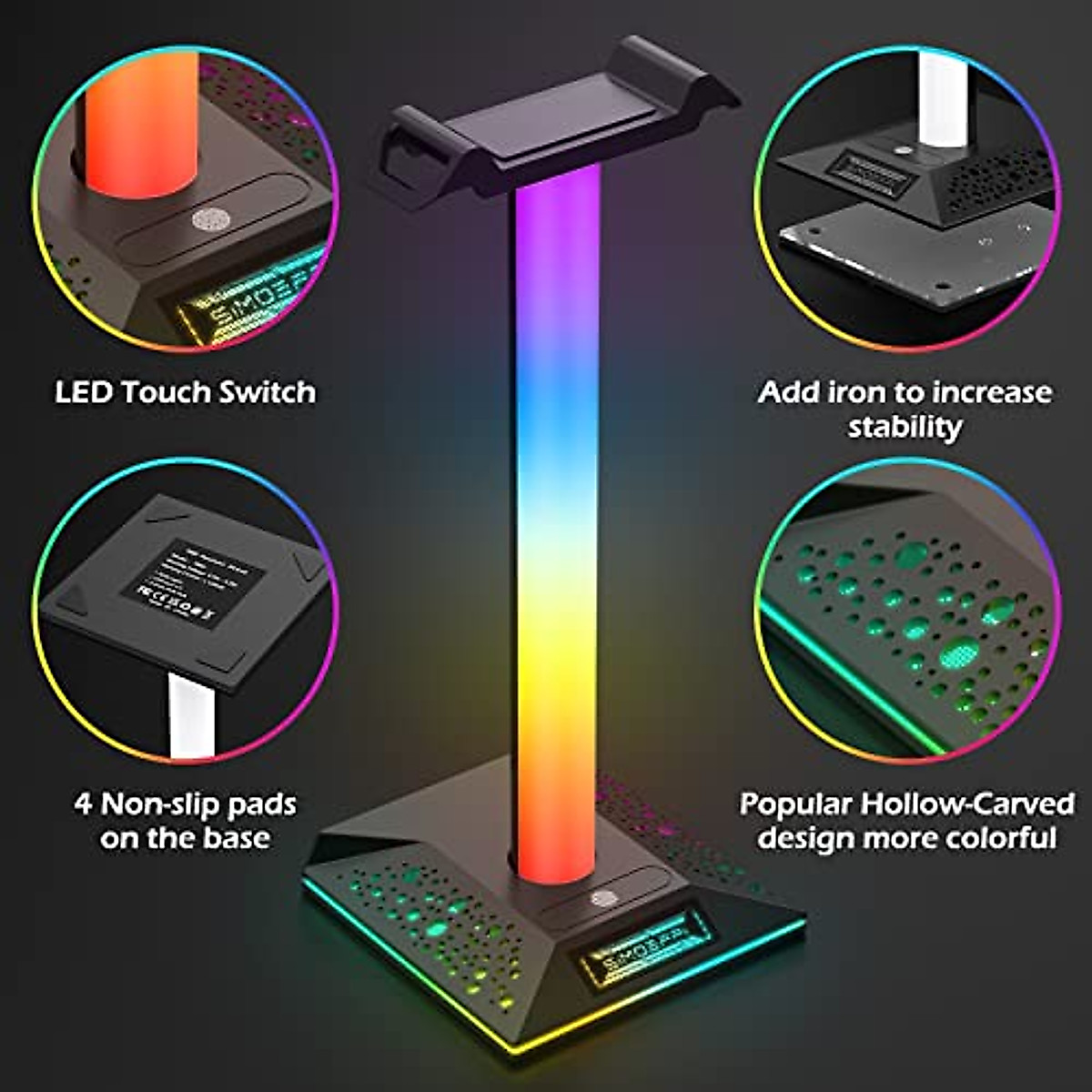 SIMOEFFI Upgraded RGB Gaming Headphones Stand, Headset Stand with 3.5mm AUX and 2 USB Charging Ports, Headphone Holder with 10 Light Modes and Memory Feature for Gamers PC Earphone Accessories Desk