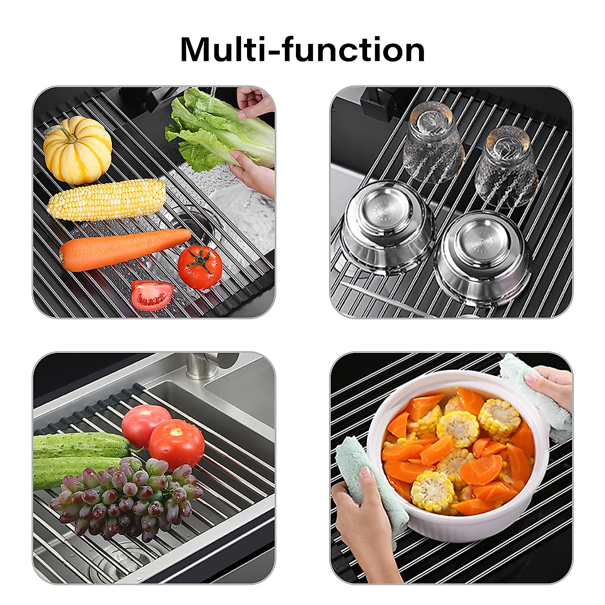 OHOH Expandable Roll Up Dish Drying Rack Fit Most Sink, Adjustable 10.8" -19.7", Sink Topper Foldable Multipurpose Heat Resistant Over The Sink Kitchen Draining Rack for Cups Bottle Fruits Vegetables