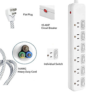 Power Strip Extension Cord 6 Ft, 6 Rotating Outlets & 4 USB Charging Ports, 1875W, 1020 J, Flat Plug Wall Mount Surge Protector Strips for Home, Office, White