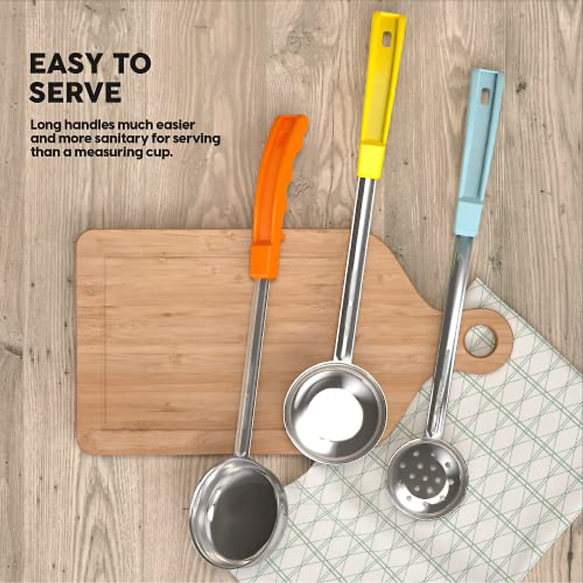 Portion Control Serving Spoons - (8 Piece Set) Restaurant Measuring Serving Ladle Utensils for Weight Loss, Bariatric Gastric Sleeve, Includes 2, 4, 6, 8 oz Solid & Perforated Scoops, 14-1/4" Long