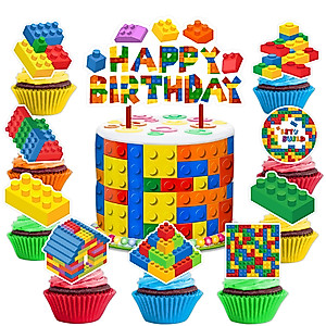 25 PCS Building Blocks Block Theme Happy Themed Birthday Party Cake Topper Cupcake Toppers Favors Supplies Decorations Decor Construction Gifts for Games Boys Girls Kids Baby Shower Rewards Carnival