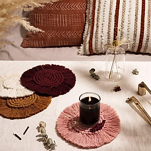 2 Pack Macrame Pink Coasters for Drinks, 7in Woven Boho Coaster Set, Handmade Absorbent Cotton Boho Coasters for Wooden Table Decor Boho Home Decor Housewarming Gift