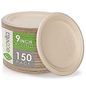 Ecovita 100% Compostable Paper Plates [9 in.] – 150 Disposable Plates Eco Friendly Sturdy Tree Free Liquid and Heat Resistant Alternative to Plastic or Paper Plates