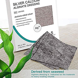 Dimora Ag Silver Calcium Alginate Wound Dressing Pads, 4'' x 4'' Patches, 5 Individual Pack, Highly Absorbent Dressing, Non-Stick Sterile Gauze
