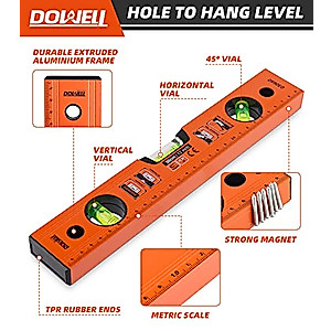 DOWELL 12 Inch Magnetic Spirit Level with Metric Scale, 3 Different Bubbles-45°/90°/180°HY030660