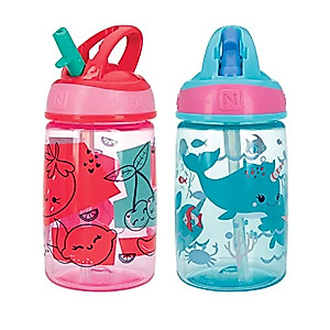 Nuby Flip-it Kids On-The-Go Printed Water Bottle with Bite Proof Hard Straw - 12oz / 360 ml, 18+ Months, 2 pk Prints May Vary