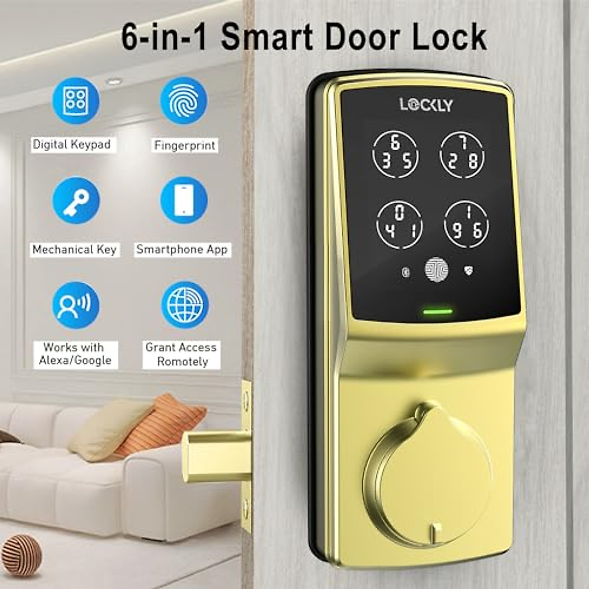 Lockly Secure Pro Smart Lock - Keyless Entry Deadbolt, Fingerprint Sensor, App Control, Key, Voice Control, Auto Lock PGD728WMG- Brushed Gold (Wi-Fi Hub Included)