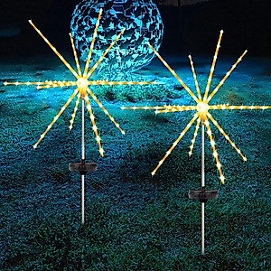 2 Pack Outdoor Home Decor Solar Powered Flowers Firework Lights with Remote Waterproof DIY 14 Copper Wire Dimmable Auto ON-Off 112 LED Lights for Garden Patio Yard Pathway Lawn Party (2, Warm White)