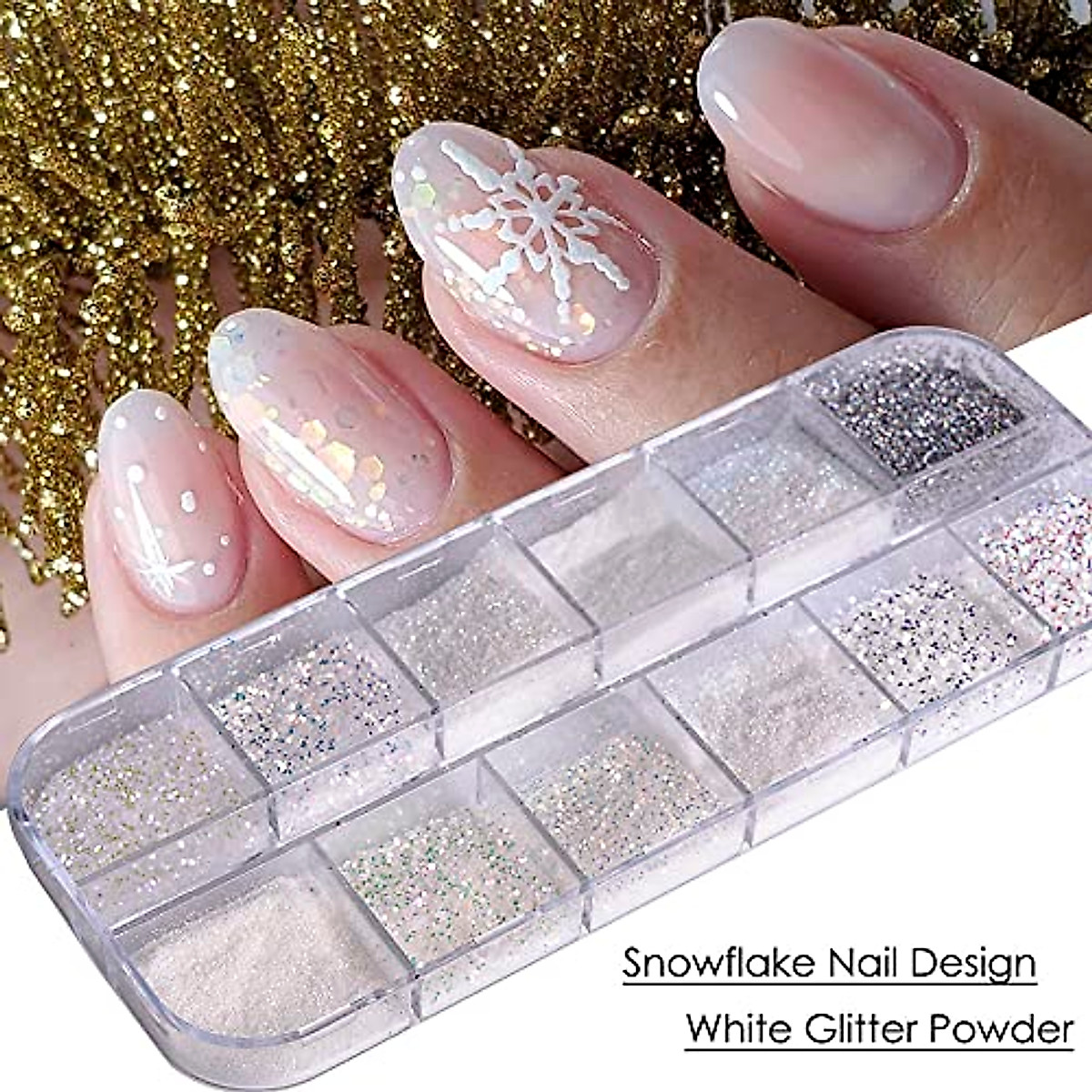 White Sugar Nail Glitter Powder for Christmas Snowflake Nails Design, Sandy Pigment Shiny 3D Candy Nail Art Sequins Winter Manicure Decorations Accessories.