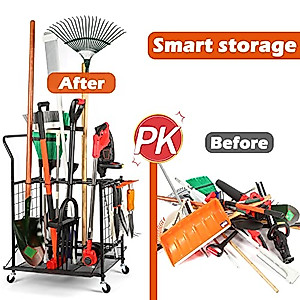 Kingarage Garden Tool Organizer, Garden Tool Storage on Wheels, Tool Tower Garage Storage, Long Handle Tool Storage for Shed, Garage, Garden Steel, Black