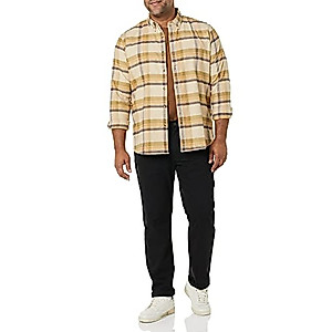 Goodthreads Men's Standard-Fit Long-Sleeve Stretch Oxford Shirt, Tan Plaid, X-Large