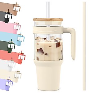 Tronco 40 oz Glass Tumbler with Straw and Lid, Reusable Glass Tumbler with Handle, Iced Coffee Cup with Bamboo Lid, Glass Water Bottles Fit in Cup Holder, Carbonfree, Lead-Free, BPA-Free