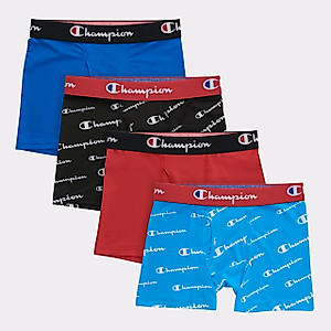 Champion Men's Boys' Underwear, Everyday Active Stretch Boxer Briefs, Assorted 4-Pack, Blue/Red/Scripts, Small