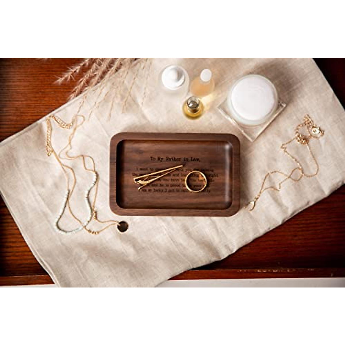 MUUJEE To My Father In Law Ring Dish - Rectangle Wood Tray Trinket Dish Gifts for Wedding Ceremony Father of the Groom Gift - 5.5" x 3.5"