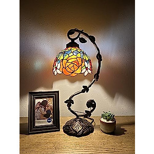 Enjoy Tiffany Style Table Lamp Stained Glass Rose Flowers Iron Metal Leaves Bronze Base Vintage for Living Room Dining Room Bedroom Bedside Office Hotel H21*W11 in