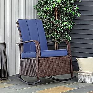 Outsunny Outdoor Rattan Wicker Rocking Chair Patio Recliner with Soft Cushion, Adjustable Footrest, Max. 135 Degree Backrest, Blue