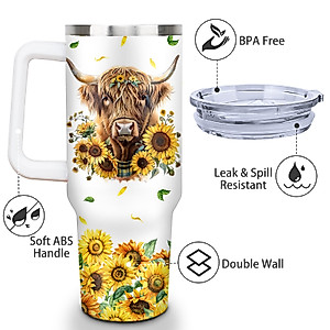 thmasamwr Cow Print Tumbler with Lid and Straw, Stainless Steel 40oz Tumbler with Handle, Sunflower Cow Print Travel Coffee Mug Water Bottle, Highland Cow Gifts Cups for Women and Girls