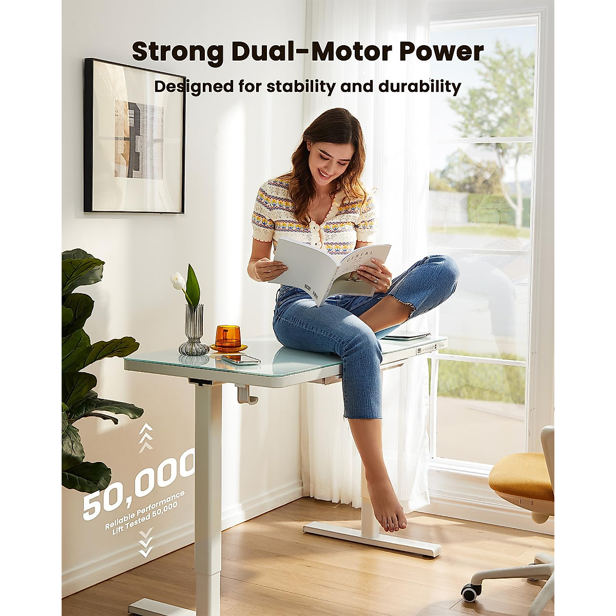 ErGear Dual Motor Electric Standing Desk with Drawers,48x24 Inch Whole-Piece Glass Desktop Quick Install,Height Adjustable Stand up Sit Stand Home Office Ergonomic Workstation with USB Charging Ports