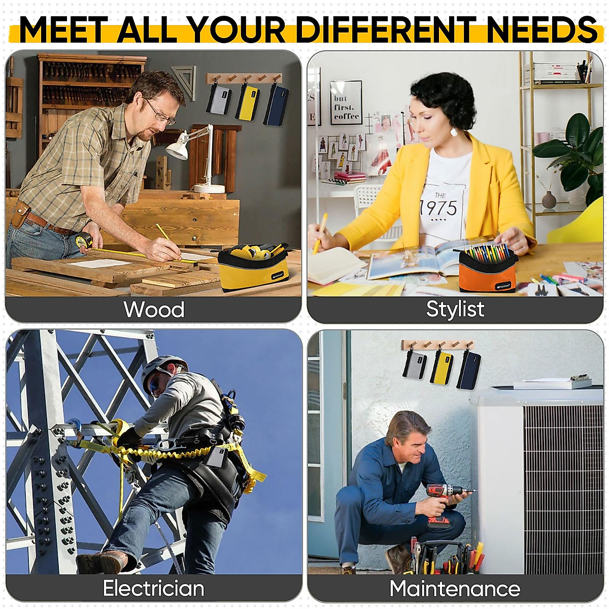 TICONN Tool Pouches with Zipper, 1680D Oxford Small Tool Bags, Waterproof Utility Bag Zipper Pouch for Tool Organizers and Storage (3 Pack Small)