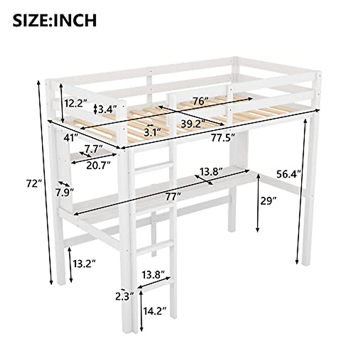 DEYOBED Twin Size Wooden Loft Bed Frame with Desk, Shelves for Kids Teens Adults