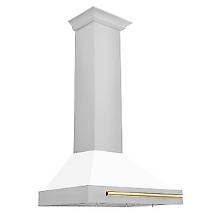 ZLINE 30 in. Autograph Edition Convertible Stainless Steel Range Hood with White Matte Shell and Polished Gold Accents (KB4STZ-WM30-G)