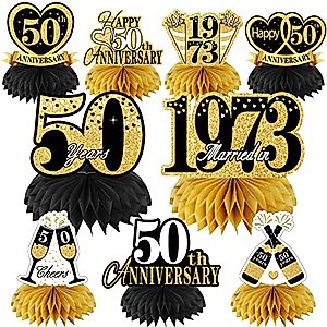 9Pcs 50th Anniversary Decorations Table Centerpeces, Black Gold Happy 50th Wedding Anniversary Honeycomb Centerpieces Party Supplies, Vintage 1973 Cheers to 50 Years Anniversary Table Topper Decor