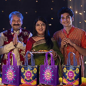 ANYMONYPF 20 Pcs Happy Diwali Party Favor Bags Treat Candy Goodie Gift Non-woven Bags Reusable for Indian Deepavali Party Supplies Diwali Theme Party Decorations